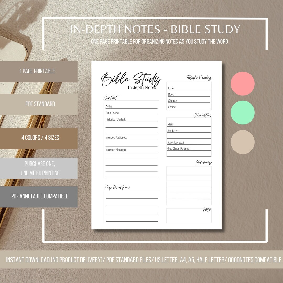 Bible Study in Depth Notes, Bible Study Worksheet, 1 Page, Christian ...