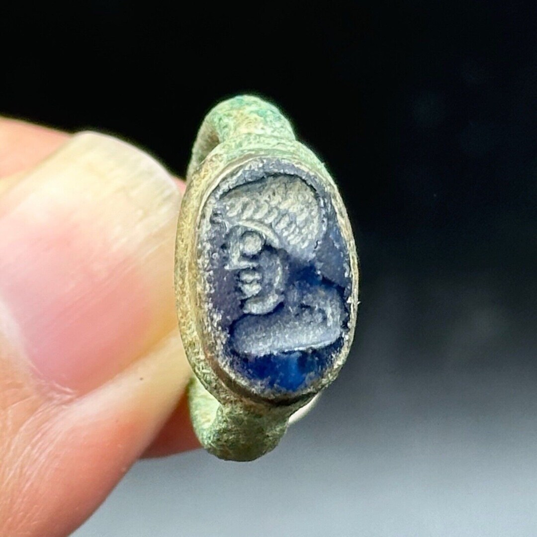 Very Old Ancient Roman Bronze Ring With King Intaglio Blue Roman Glass ...