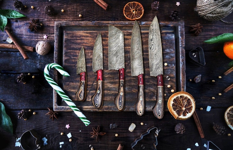 CUSTOM HANDMADE DAMASCUS Chef Knives Set of 5 Pcs, Damascus Chef Knife ...