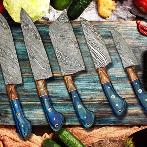 CUSTOM HANDMADE DAMASCUS Chef Knives Set of 5 Pcs, Damascus Chef Knife ...