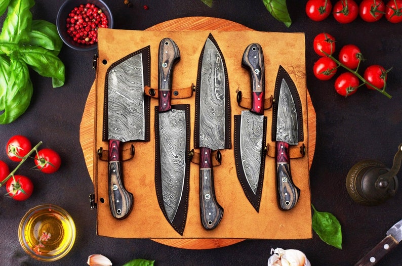 CUSTOM HANDMADE DAMASCUS Chef Knives Set of 5 Pcs, Damascus Chef Knife ...