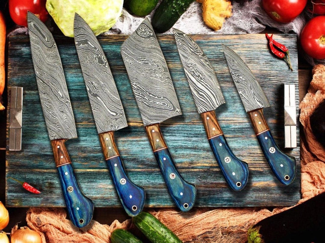 CUSTOM HANDMADE DAMASCUS Chef Knives Set of 5 Pcs, Damascus Chef Knife ...