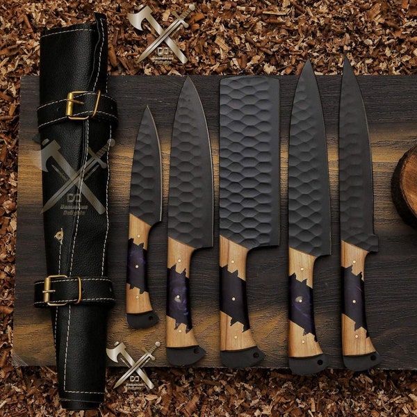 CUSTOM HANDMADE DAMASCUS Chef Knives Set of 5 Pcs, Damascus Chef Knife ...