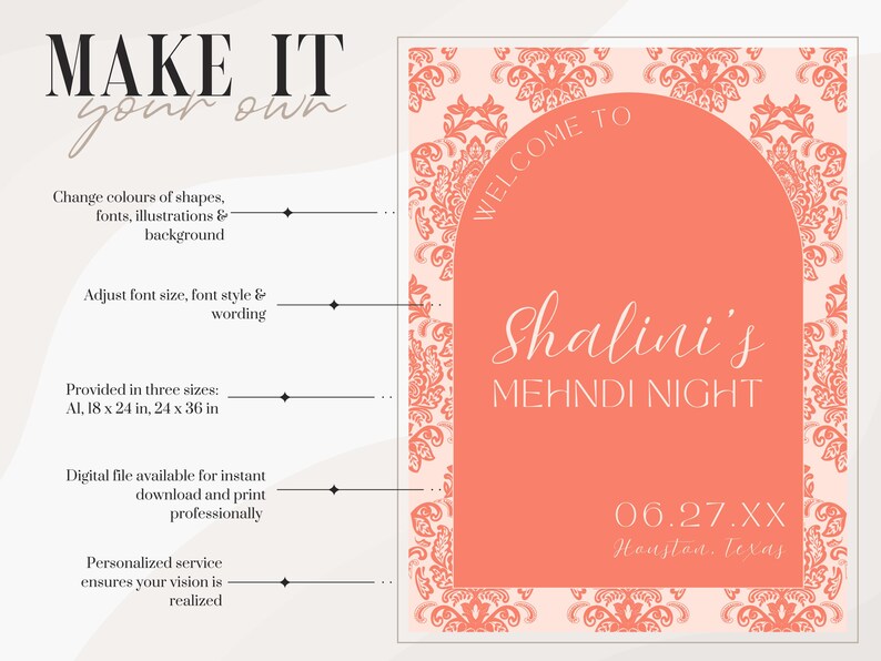 Mehndi Welcome Sign Template | Floral Damask Decor | Editable Canva ...