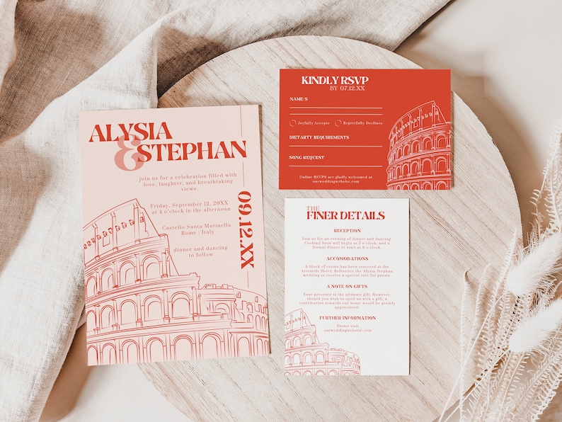 Modern Italian Wedding Invite Set Template | Editable Rome Italy ...