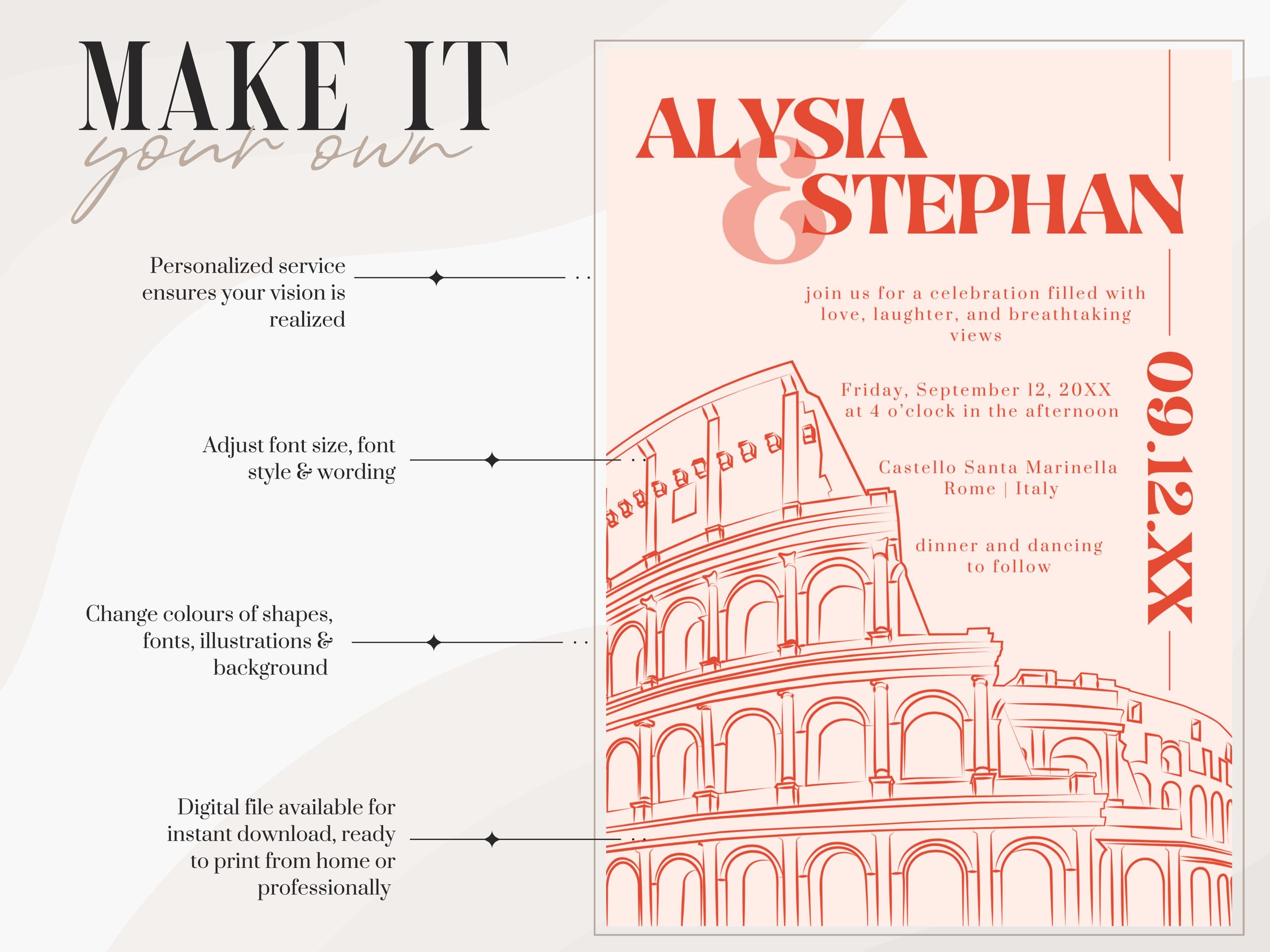 Modern Italian Wedding Invitation Template | Editable Rome Italy ...