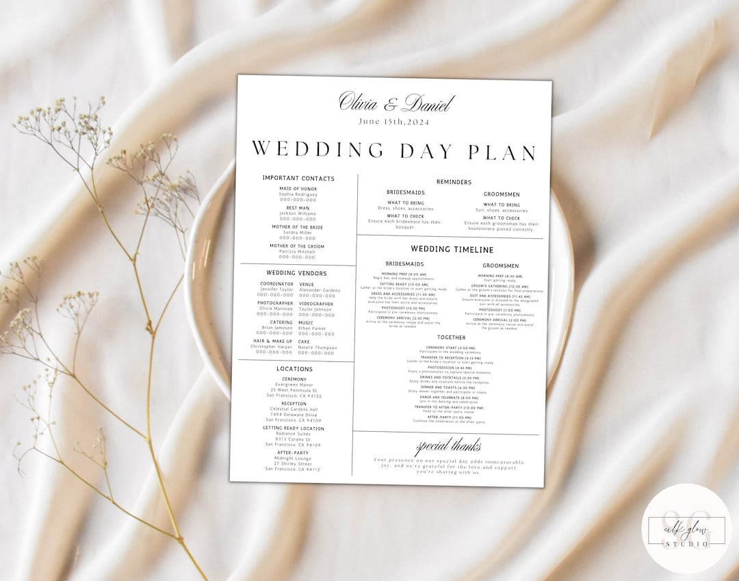 Wedding Day Timeline Printable, Editable Wedding Plan Template, Digital ...