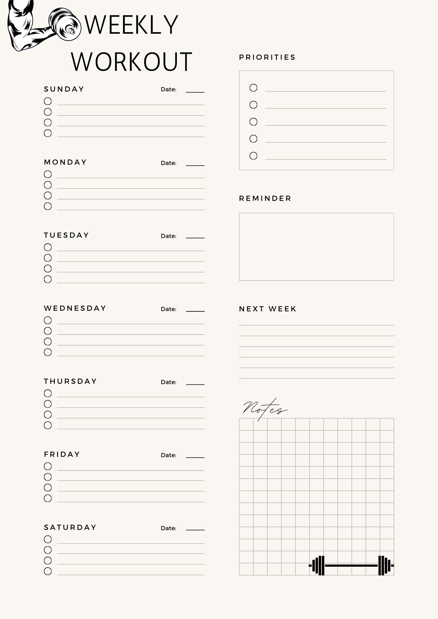 Weekly Workout Planner,fitness Schedule Template, Exercise Log,gym ...