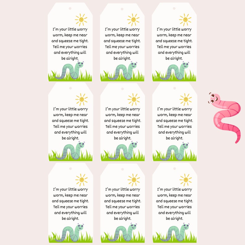 Worry Worm Poem Gift Tag Printable Cards Stress Relief Worry Worm Tags ...