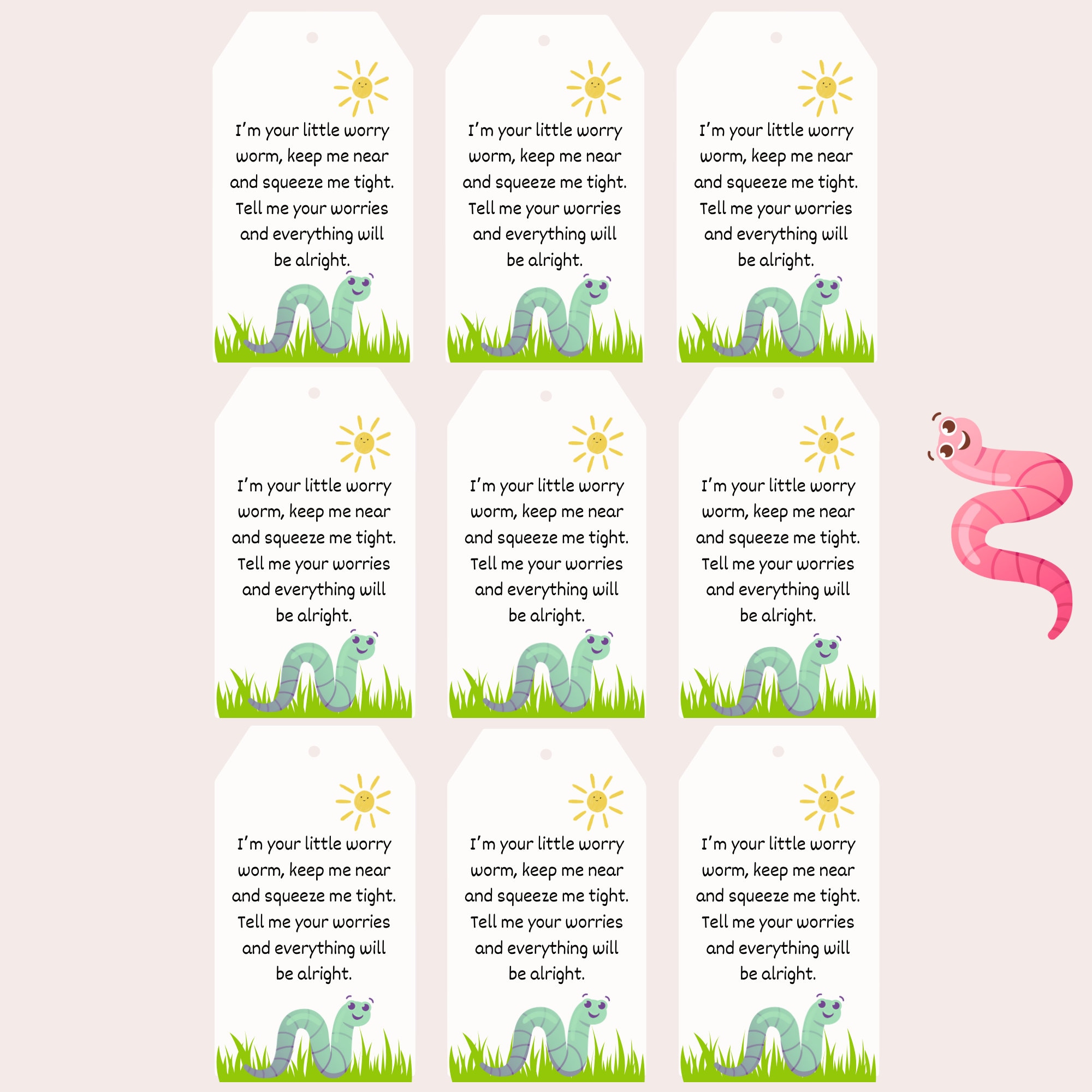 Worry Worm Poem Gift Tag Printable Cards Stress Relief Worry Worm Tags & Worry Worm Cards for ...