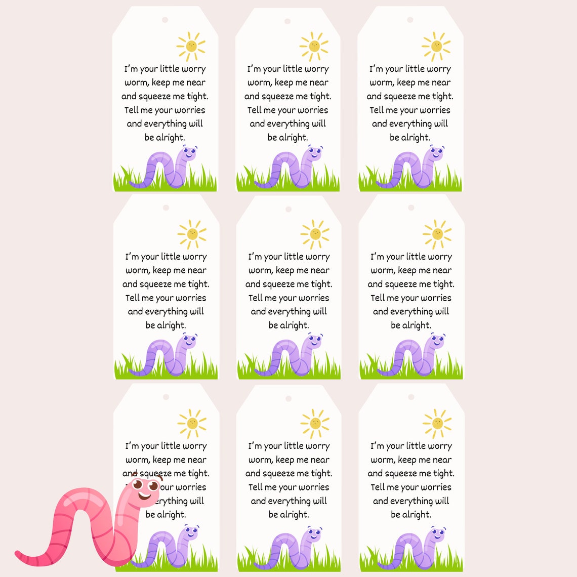 Worry Worm Poem Gift Tag Printable Cards Stress Relief Worry Worm Tags ...