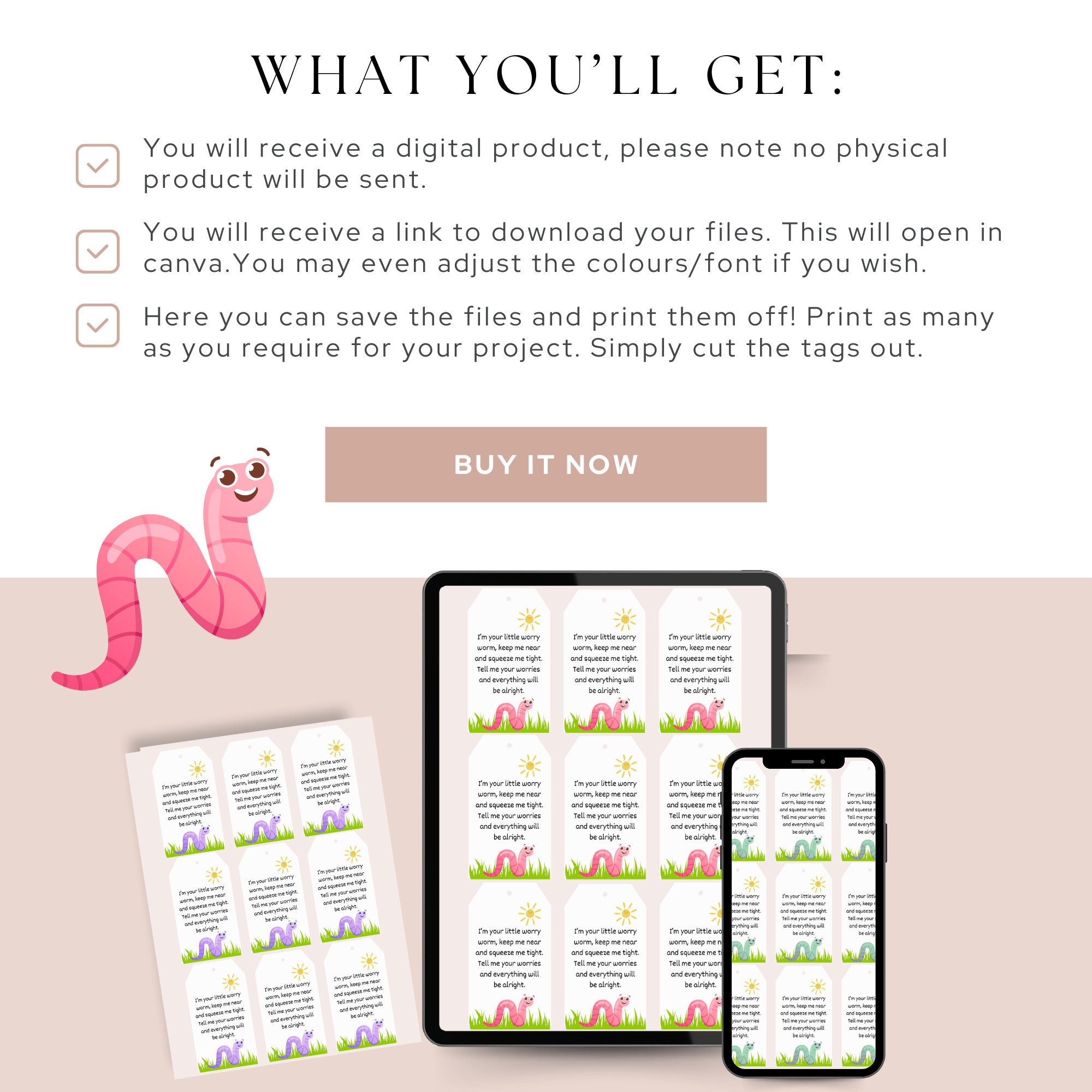 Worry Worm Poem Gift Tag Printable Cards Stress Relief Worry Worm Tags & Worry Worm Cards for ...