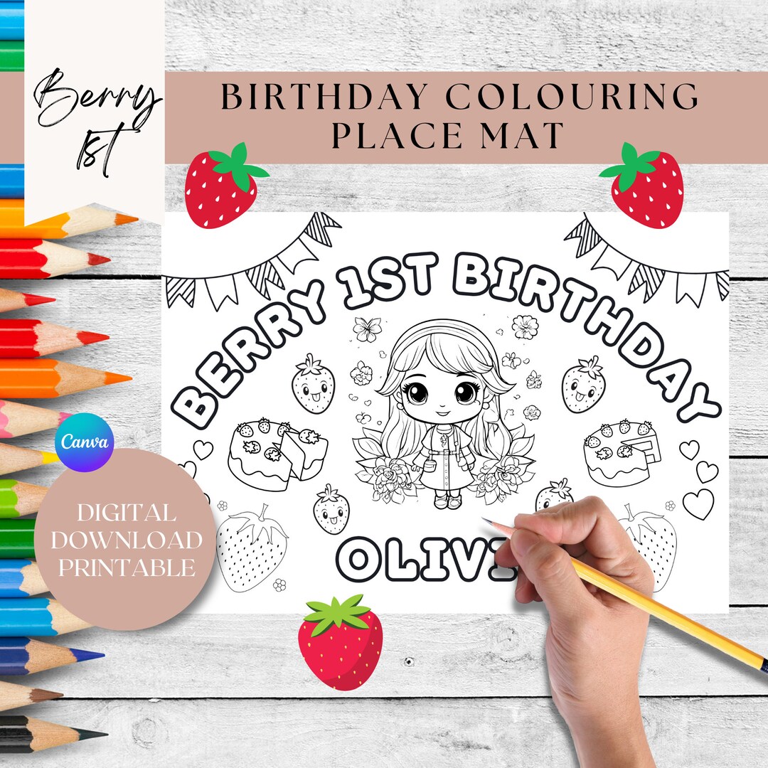 Strawberry First Birthday Coloring Page Strawberry Personalized ...