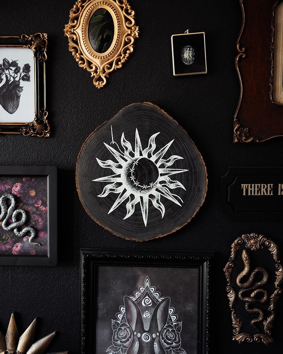 Gothic Sun and Moon Wood Slice | Maximalist Goth Gallery Idea| Dark ...