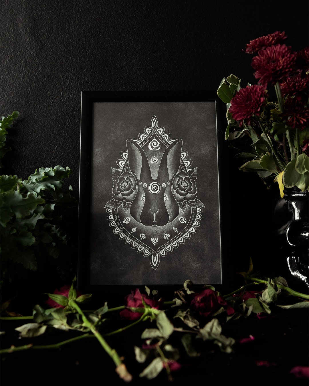 Rabbit and Roses Gothic Print Dark Cottagecore Home Decor Trippy A4 ...