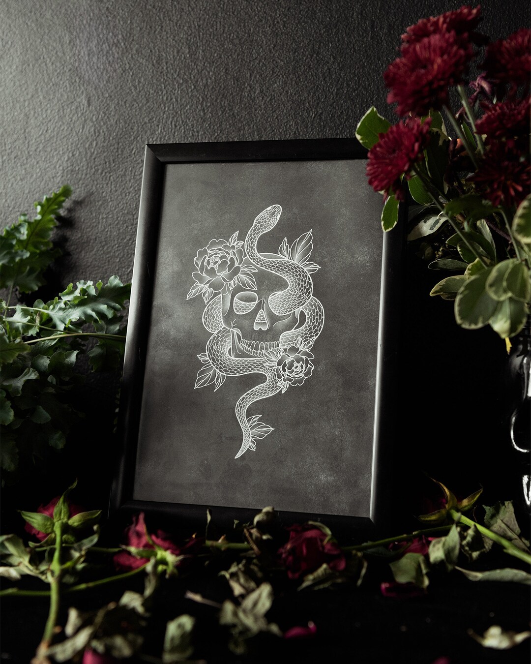 Skull and Snake Floral Gothic Art Print - Alternative Home Decor - Dark ...
