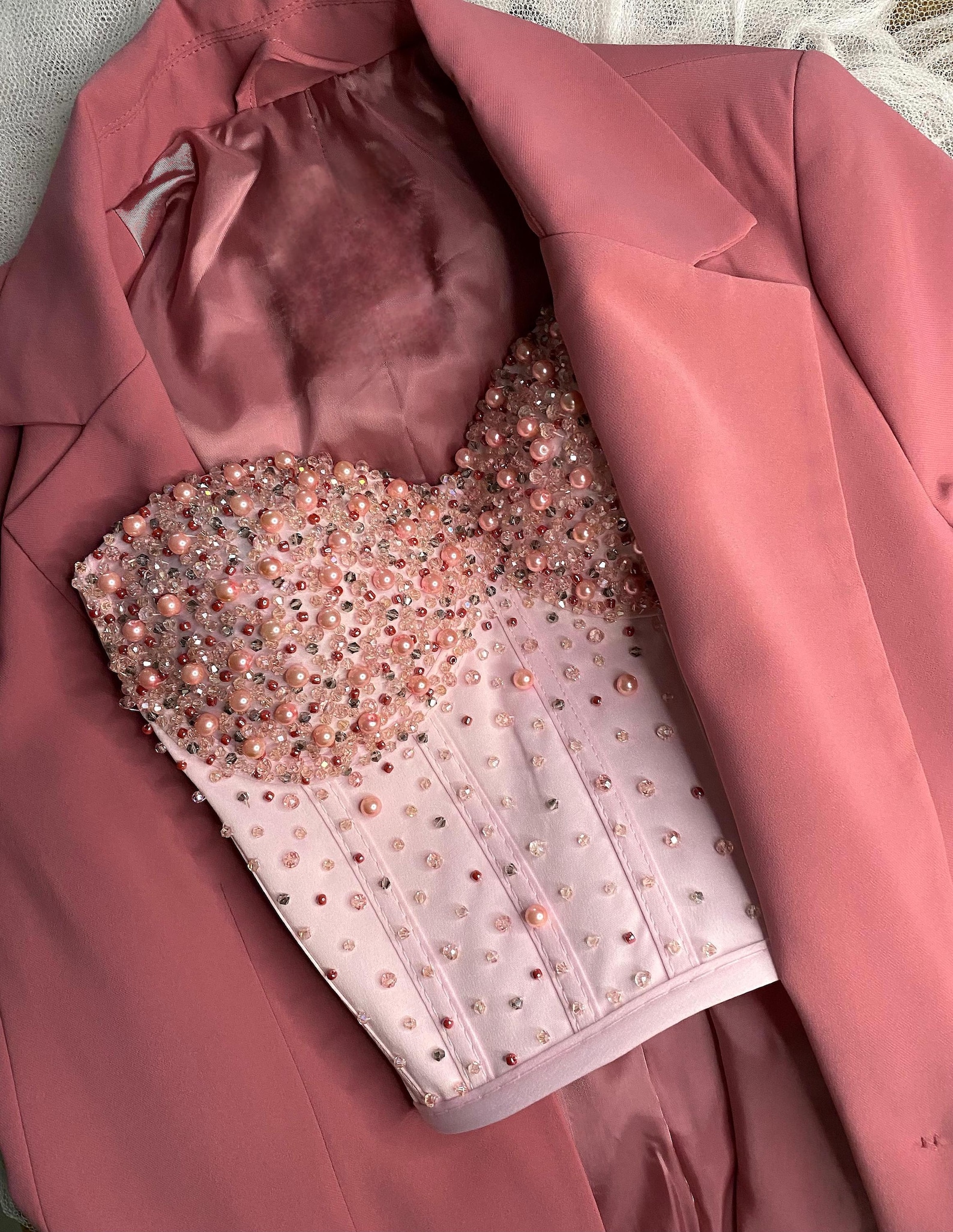 Pink Satin Corset Top With Pearl and Crystal Embellishments Elegant ...