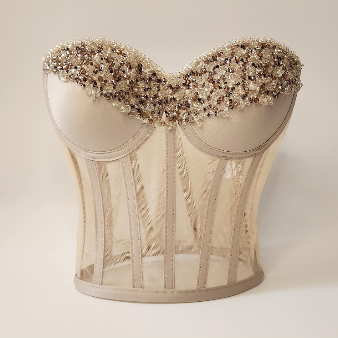 Beige Sheer Mesh and Tulle Bustier - Transparent Lace Crop Top, Sexy ...