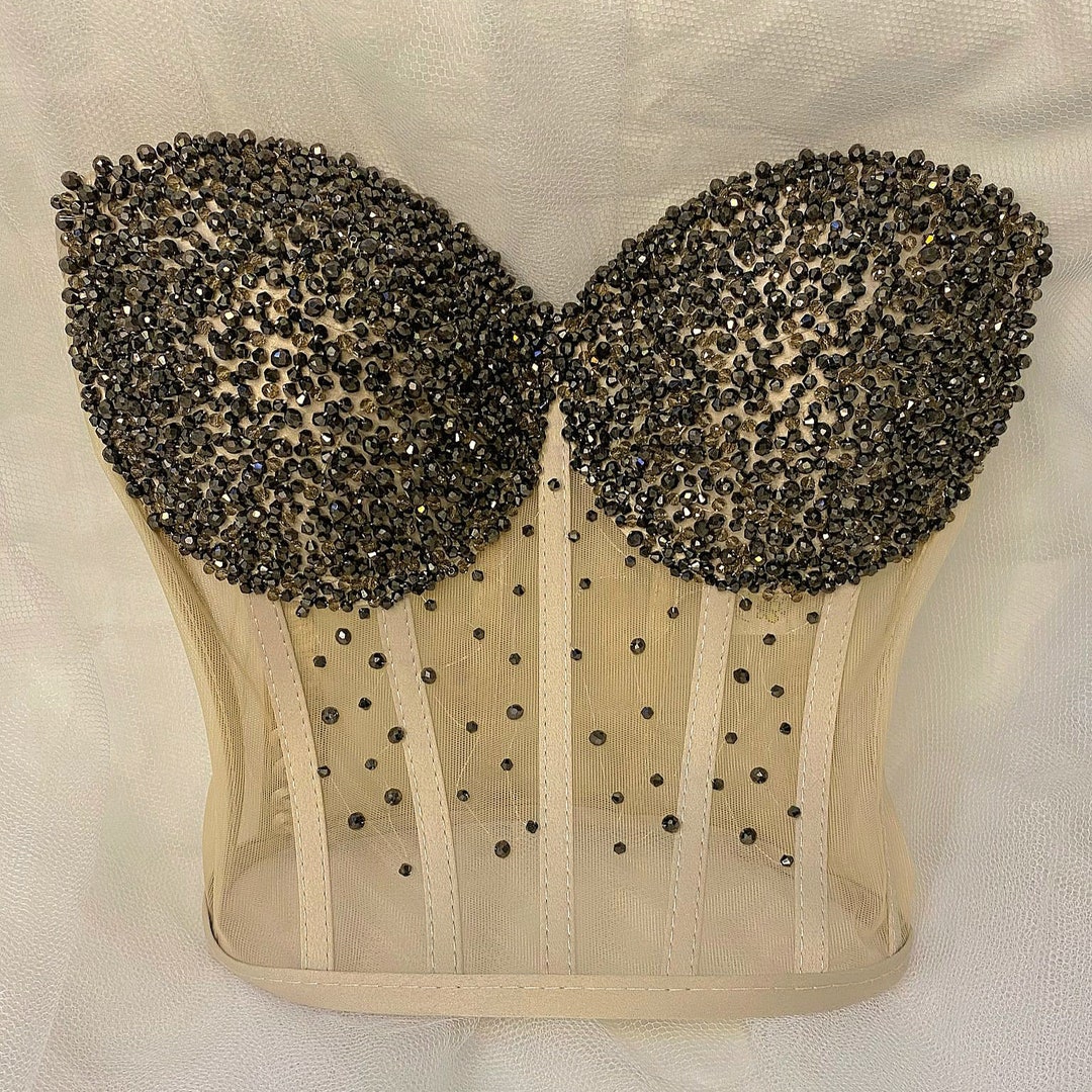 Beige Sheer Mesh and Tulle Bustier - Transparent Lace Crop Top, Sexy ...