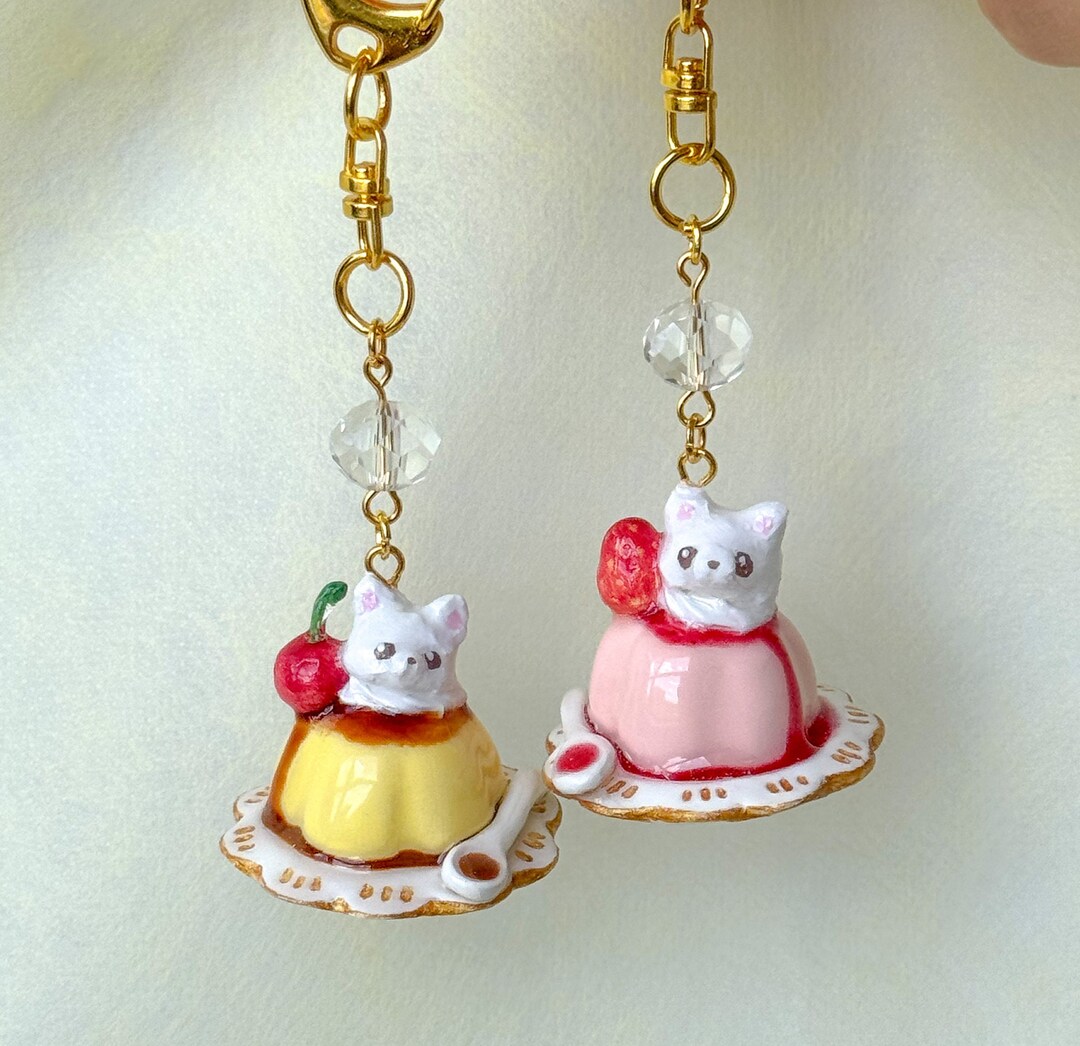 Pudding With Cream Cat Polymer Clay Keychain, Cat Lover Gifts, Cute ...