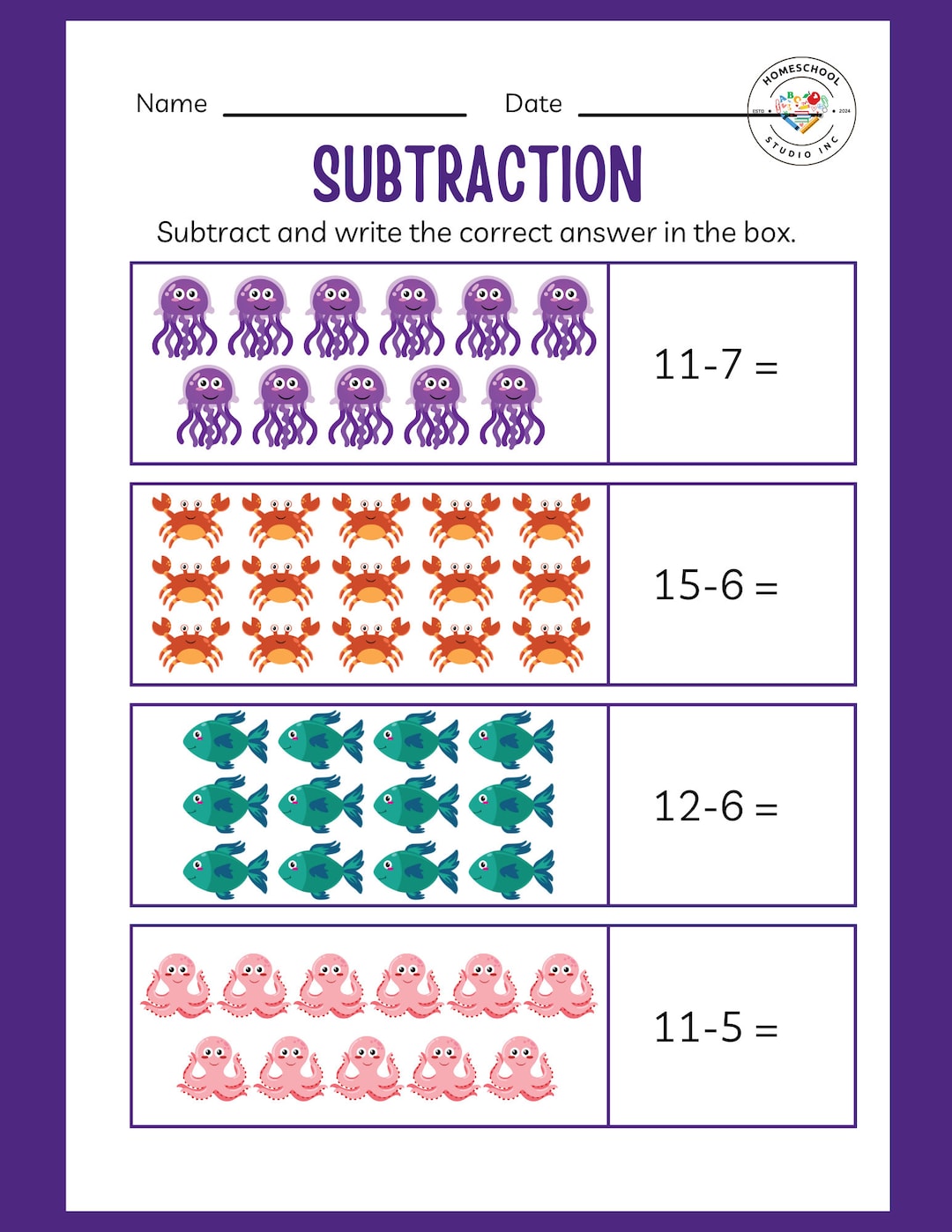 Kindergarten Subtraction Workbook- Elementary- Math- Digital Download ...
