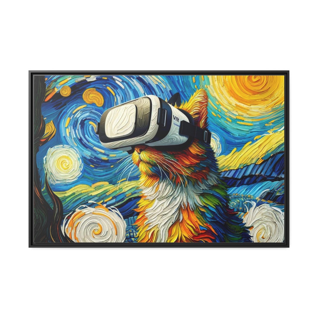 Immersive Van Gogh Starry Night VR Cat Canvas Black Framed Art for ...