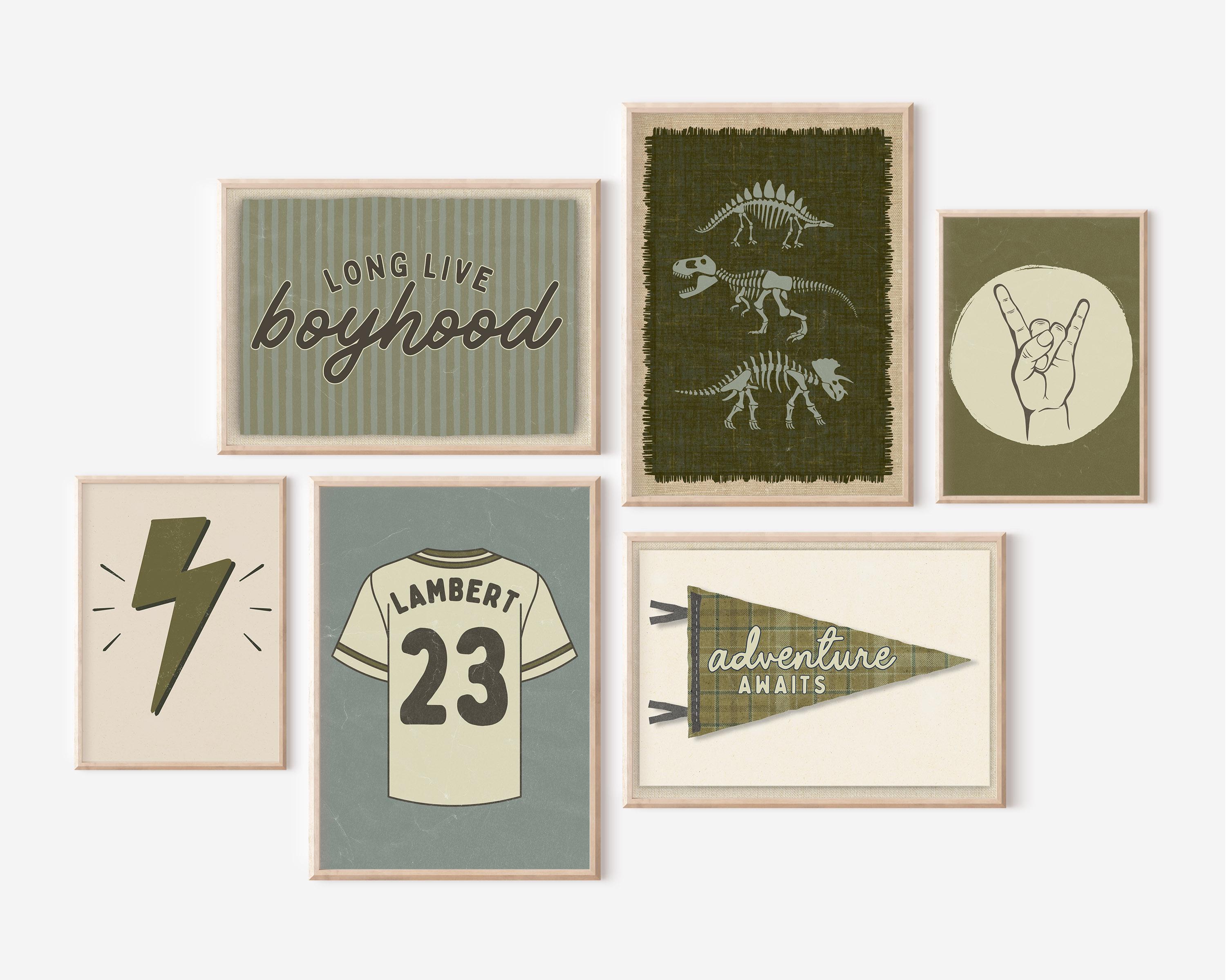 Boys Gallery Wall Art Set 6 Dinosaur Poster Adventure Awaits Pennant ...