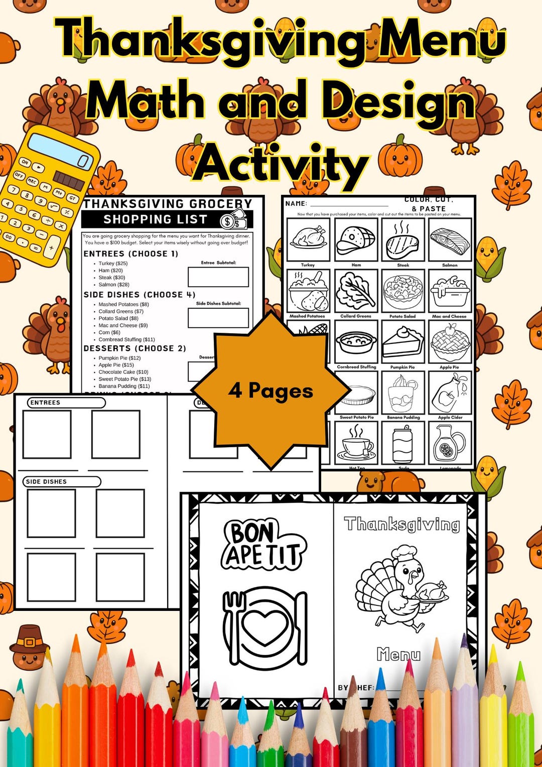 Thanksgiving Activity | Budget Grocery Shopping Math, Color-cut-paste ...