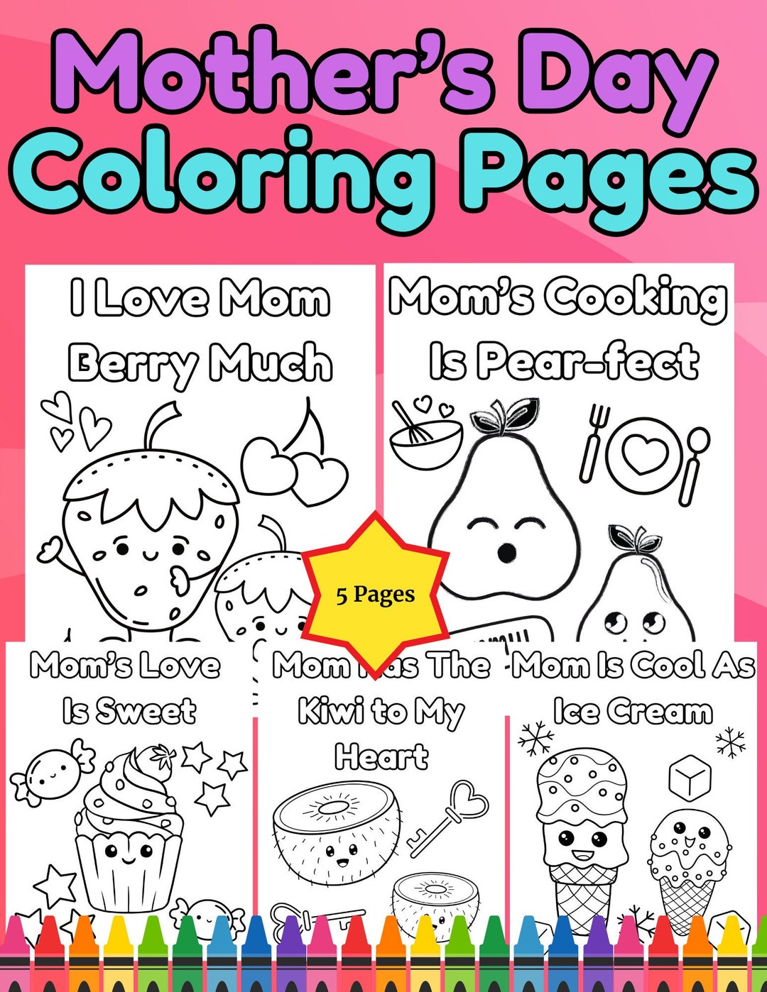 Mother's Day Kawaii Food Coloring Pages - Etsy