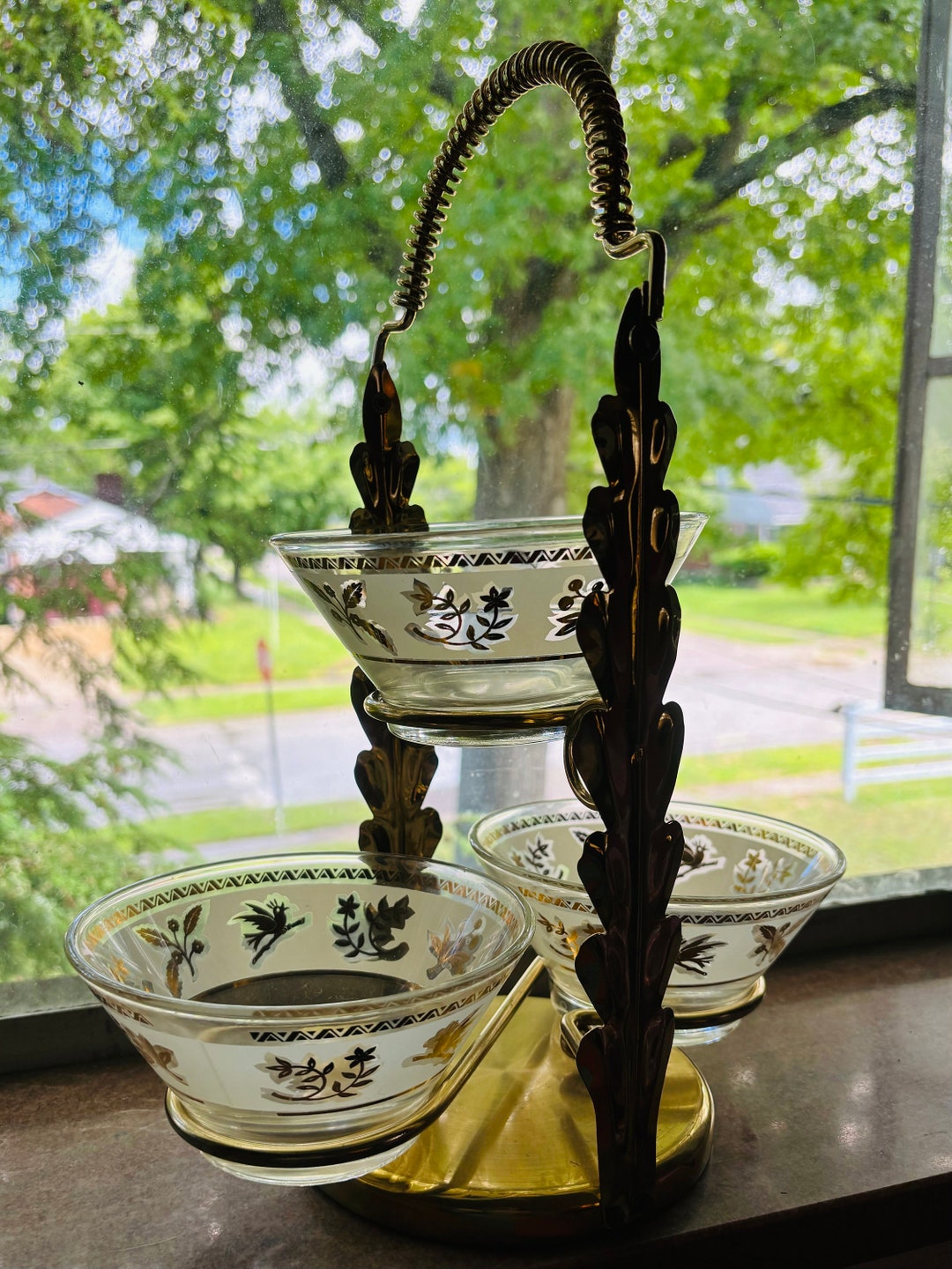 Vintage Brass Tiered Condiment Holder With Glass Bowls MCM by ...