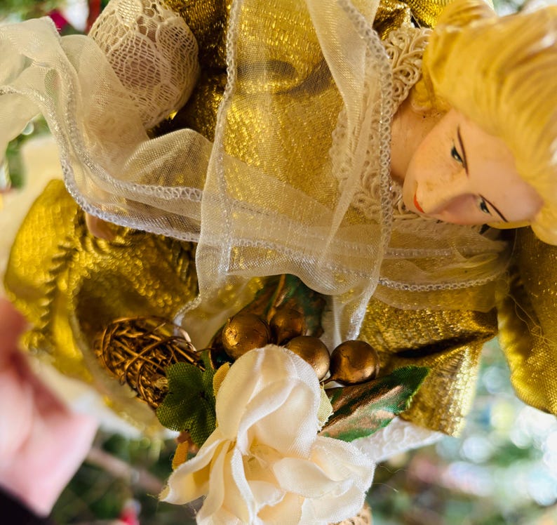 1990s Vintage Angel Tree Topper — Porcelain Head, Gold Wings, Lace ...