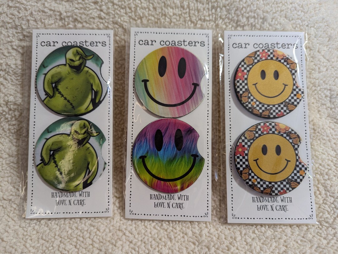 Assorted Car Coasters 2pk, Smiley Face, Oogie Boogie, Characters - Etsy