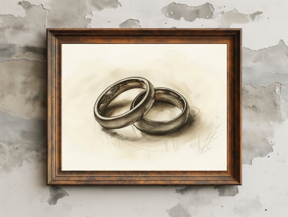 Two Wedding Rings Drawing Artisan Modern Ring Art Deco 1.50 Carat