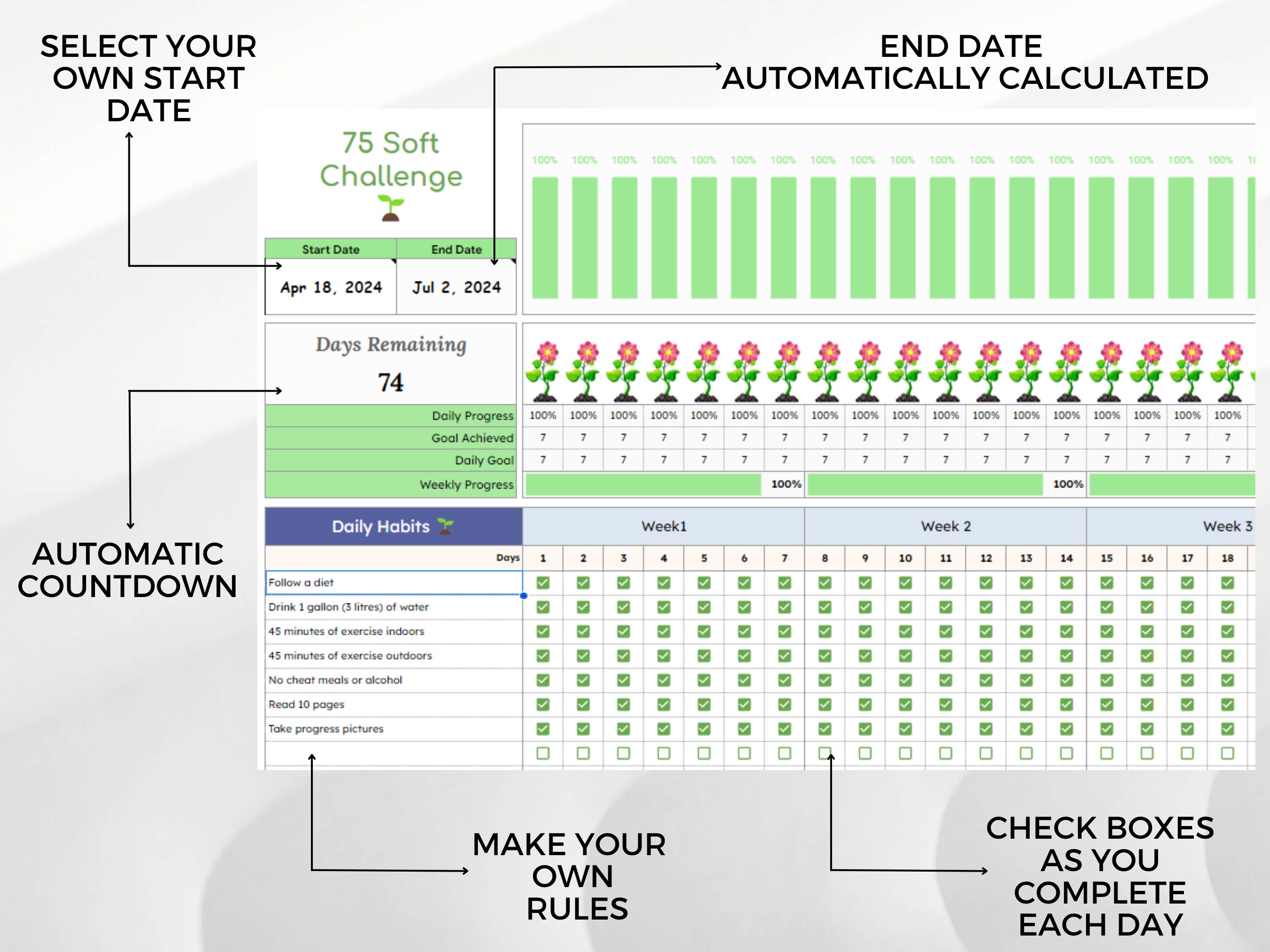 Editable 75 Soft Challenge Tracker Google Sheets, Daily 75 Soft ...