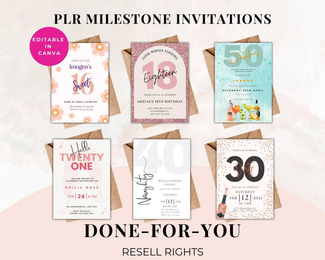 PLR Milestone Birthday Invitations, Birthday Party Invitation PLR, PLR ...