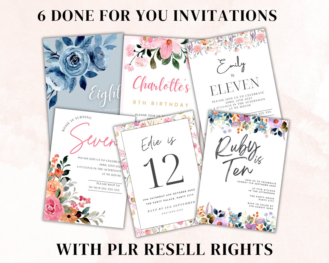 PLR Floral Birthday Invitations, Resell Invitations, Done for You ...