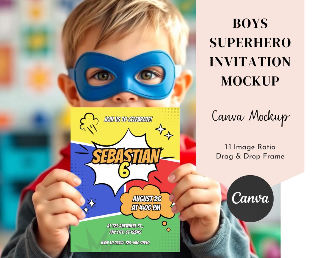 Boys Birthday Invitation Canva Mockup | Hand Invite Mock-up | Kids ...