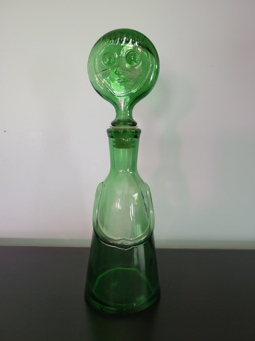 Vintage MCM 9.5 Inch Green Glass Person Face Decanter - Etsy