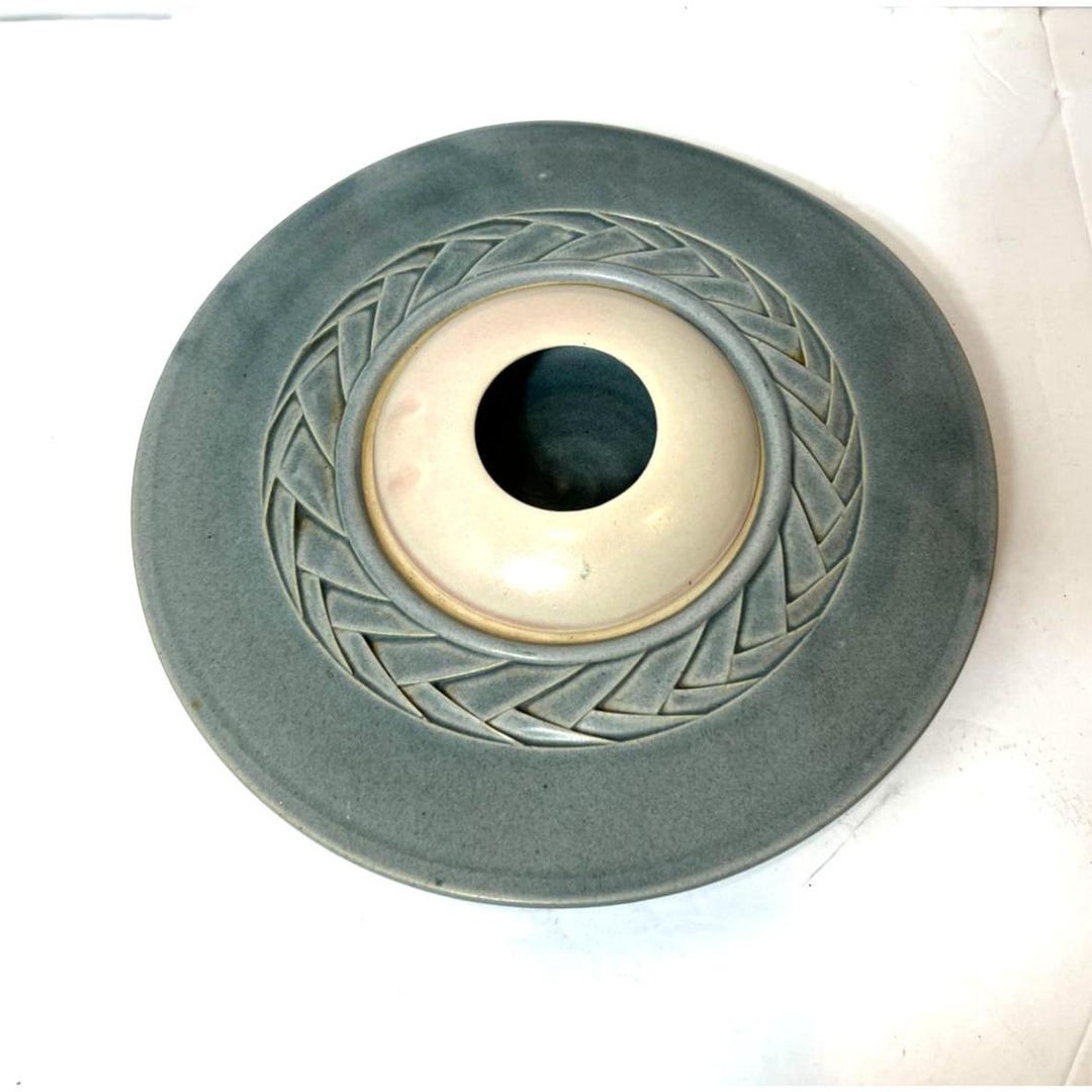 Dunes Studio PEI Ikebana Pottery Vase Braided Detail 12" Dia Blue ...