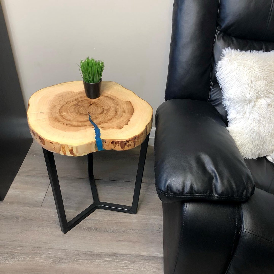 Ash Wood Side Table With Live Edge and Blue Resin Filling Unique ...