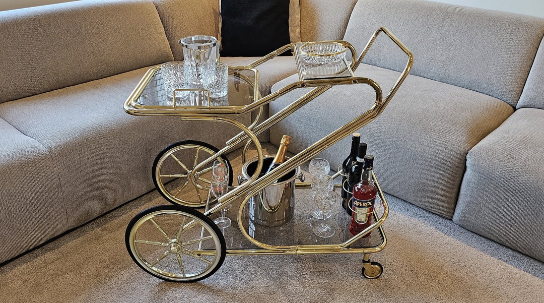 Unique Bar Cart Made of Gilded Metal and Smoked Glass. Italy. 70s. - Etsy