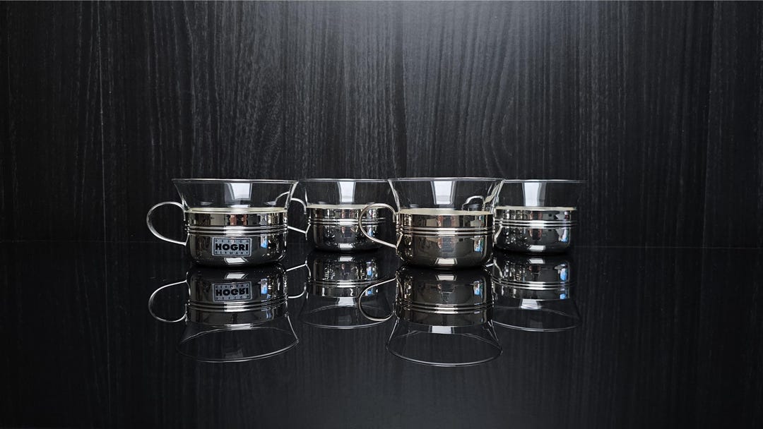 4x Vintage Hogri Design Tea or Coffee Cup in Glass and Chrome. Glass in ...