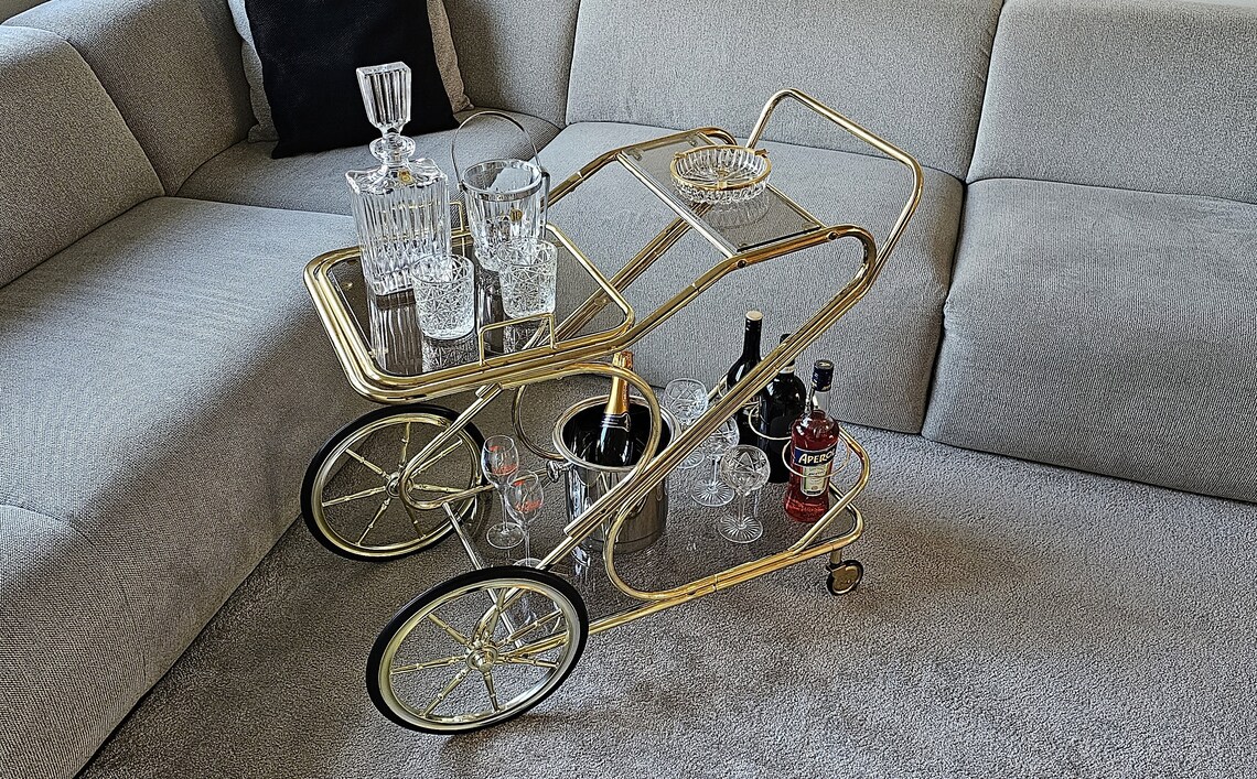 Unique Bar Cart Made of Gilded Metal and Smoked Glass. Italy. 70s. - Etsy