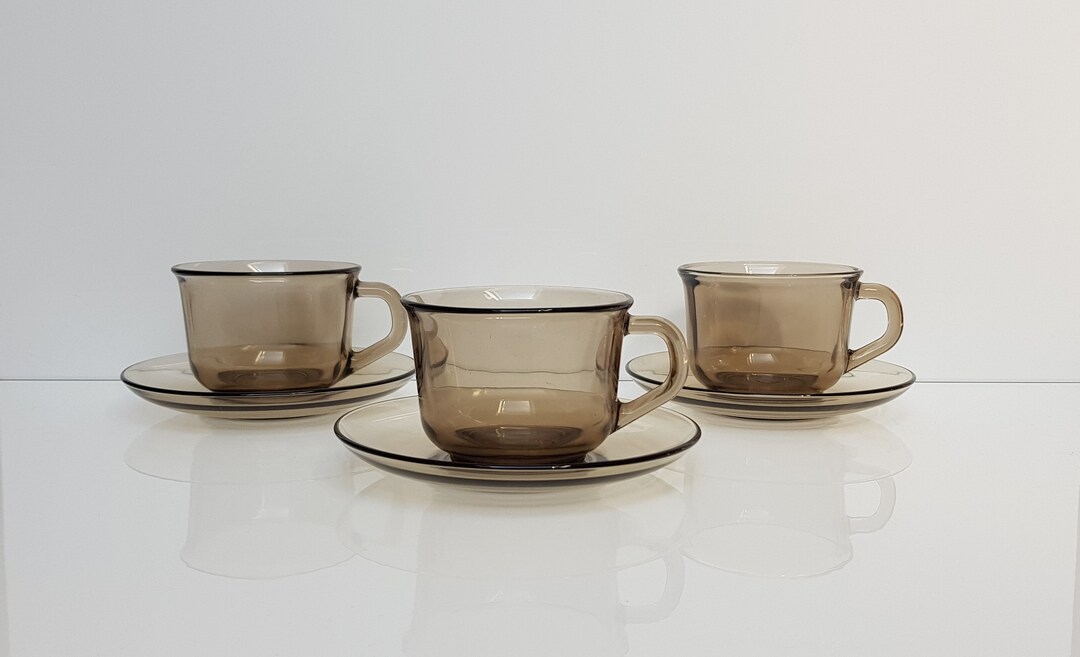 3x Arcoroc Cup and Plate / Saucer. Smoked Glass. France. 1980s. - Etsy