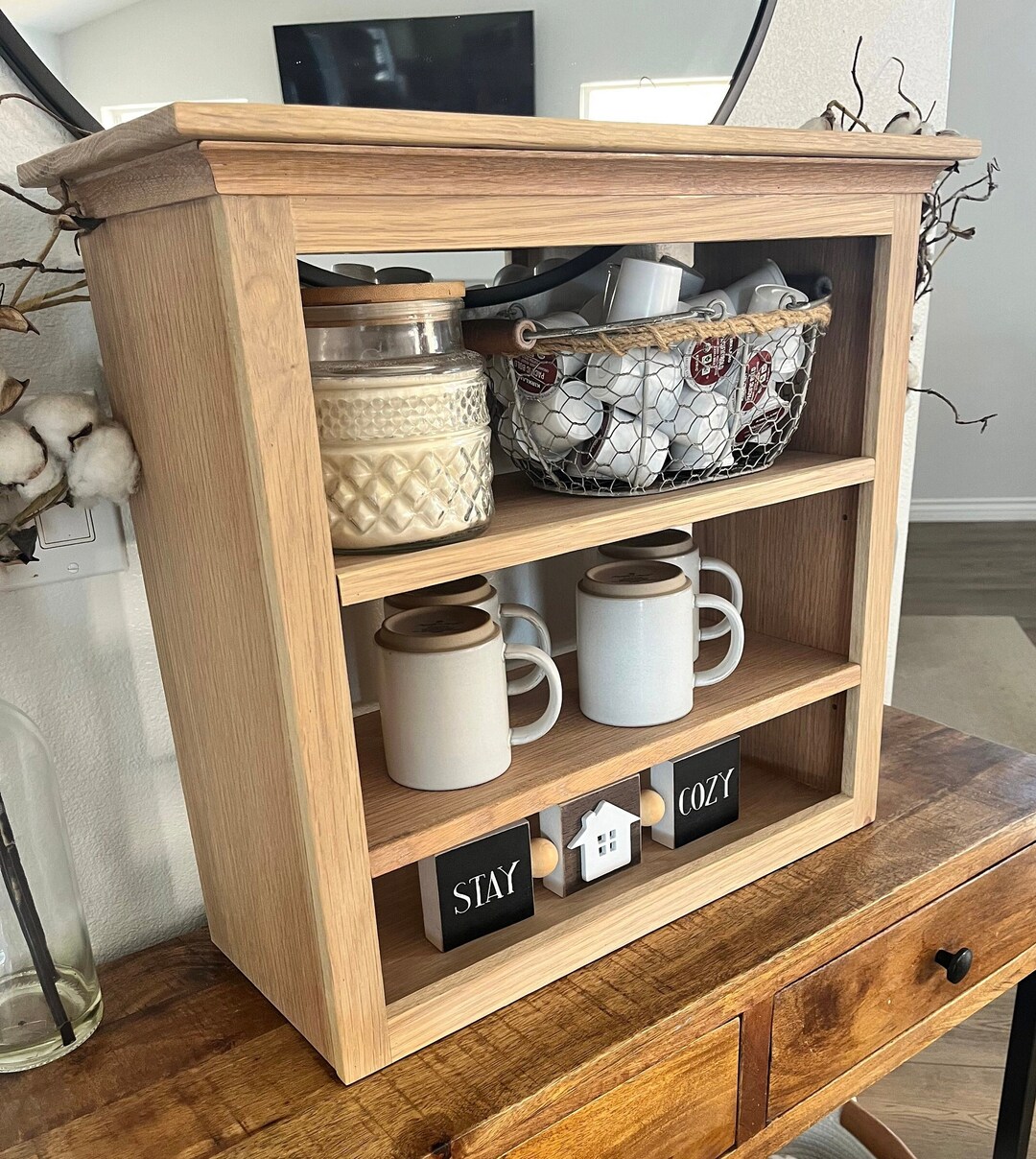 Rustic White Oak Wood Open Shelf Display Cabinet, Wooden Apothecary ...