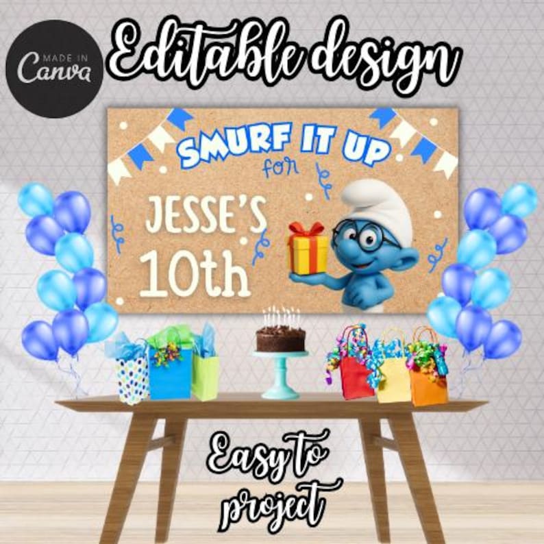 Painted Banner Template | Smurfs Birthday Banner | Smurfs Theme ...