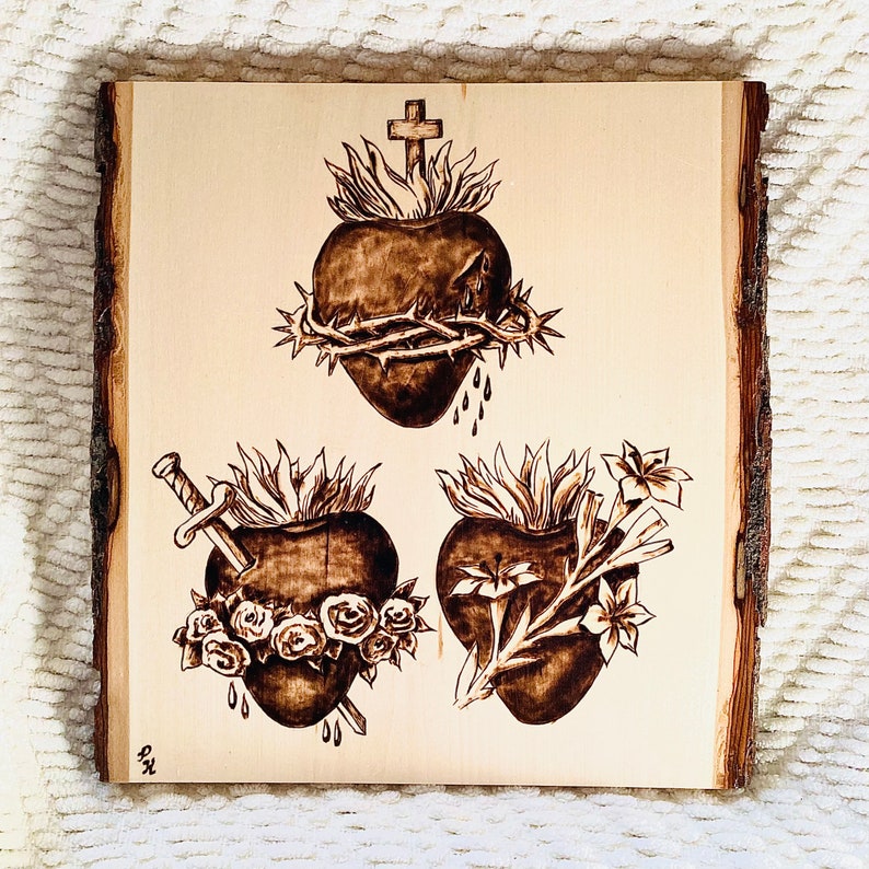 Handcrafted Religious Three Hearts of the Holy Family, Beautiful ...