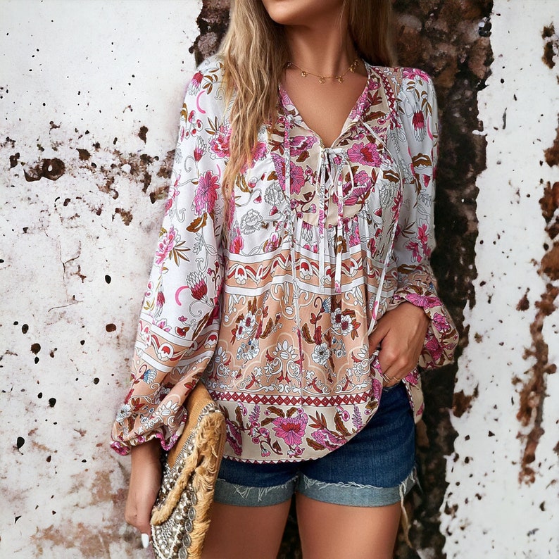 Boho Floral Print Spring Blouse Long Sleeve Bohemian Print Tassel Tie ...