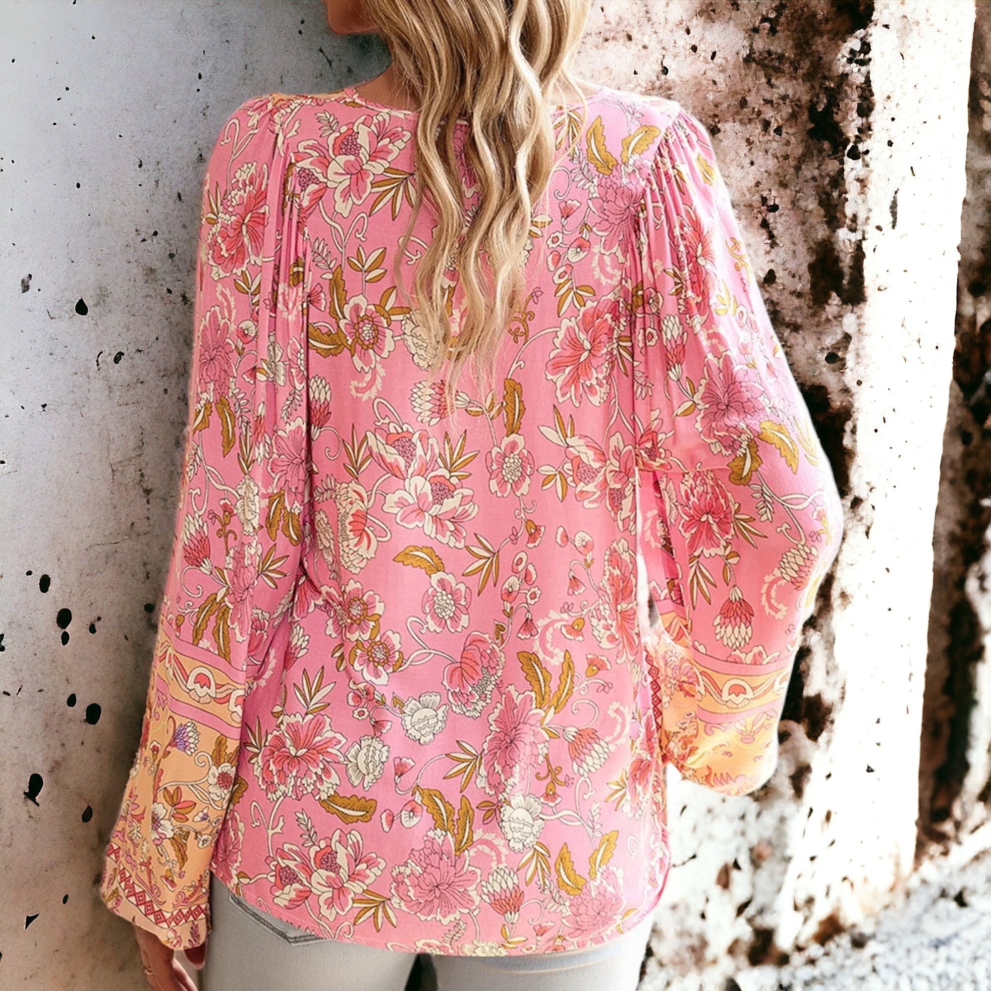 Boho Floral Print Spring Blouse Long Sleeve Bohemian Print Tassel Tie ...