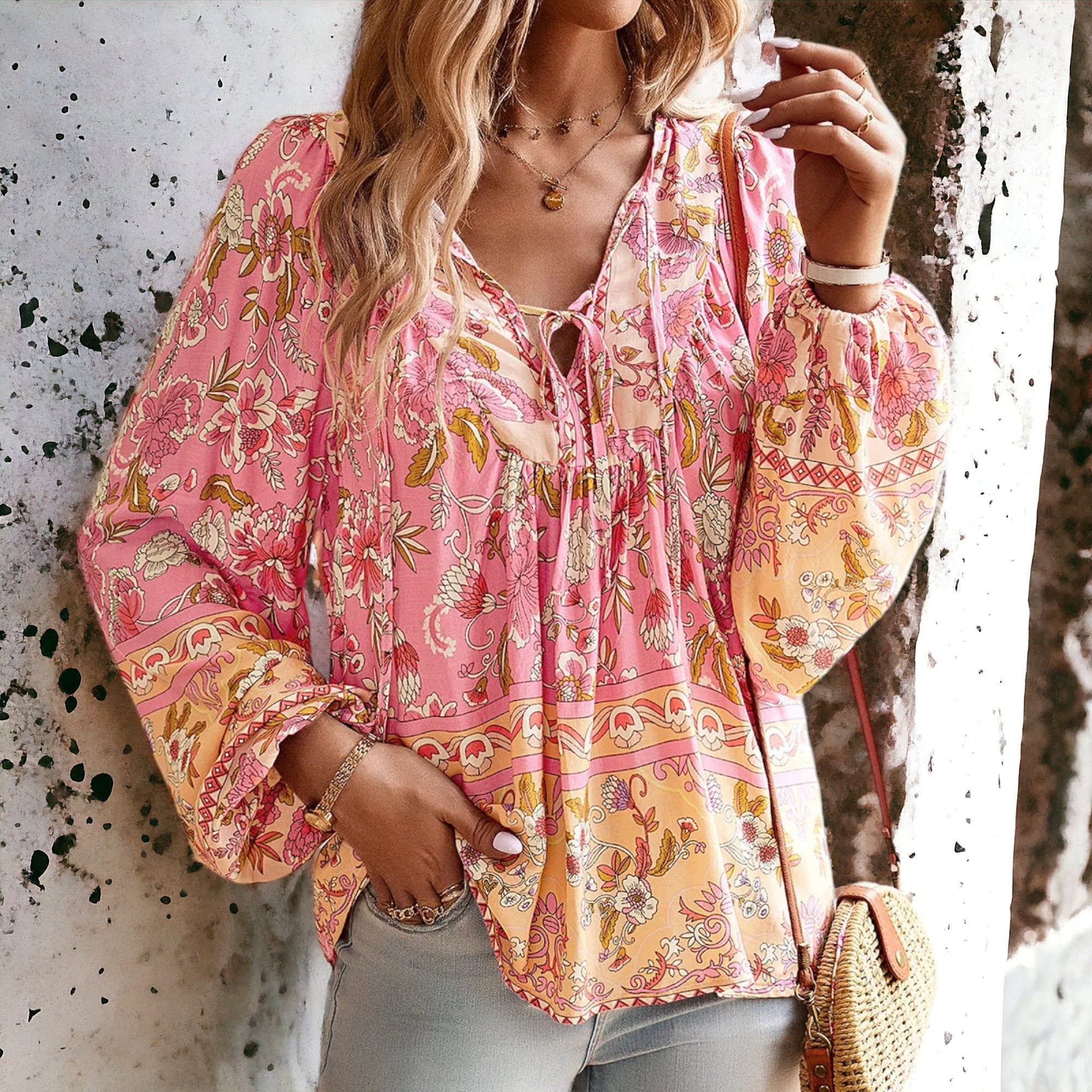 Boho Floral Print Spring Blouse Long Sleeve Bohemian Print Tassel Tie ...